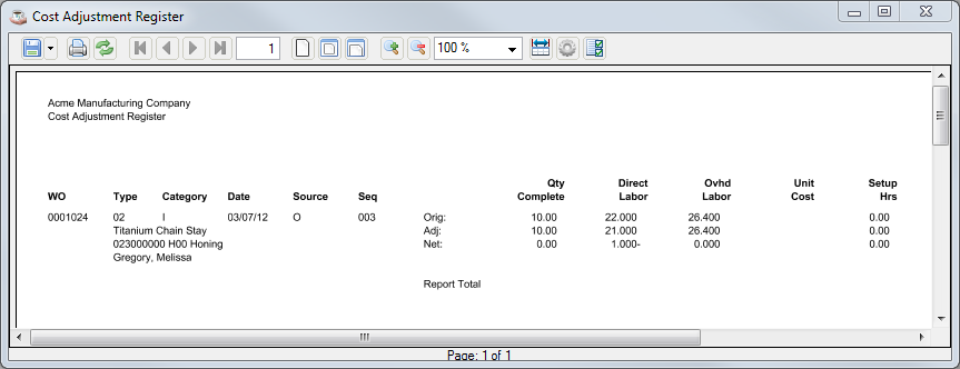 SF - Cost Adjustment Register