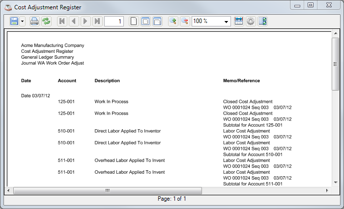 SF - Cost Adjustment Register