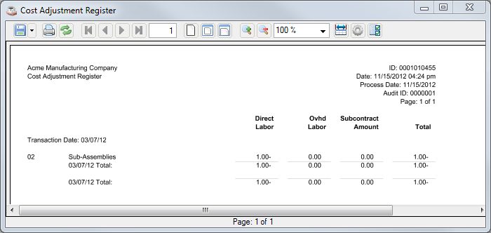 SF - Cost Adjustment Register